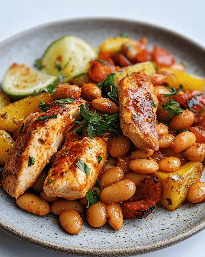 Home » Recipes » Dinners » Healthy Spanish Chicken and Beans