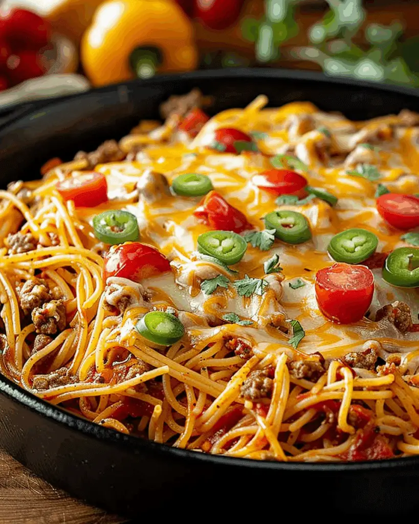 Home » Recipes » Main Courses » Cheesy Taco Salsa Spaghetti Bake
